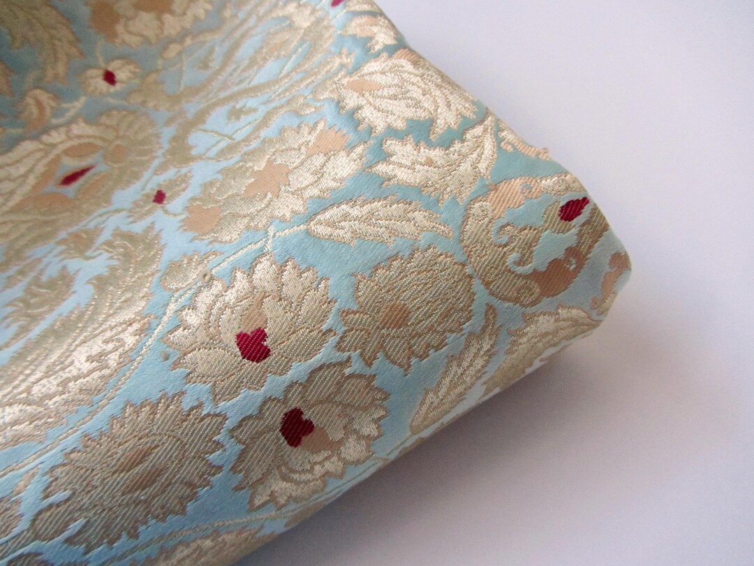 Powder Blue Gold Red Flower Kinkhab Heavy Indian Silk Brocade Fabric Nr ...