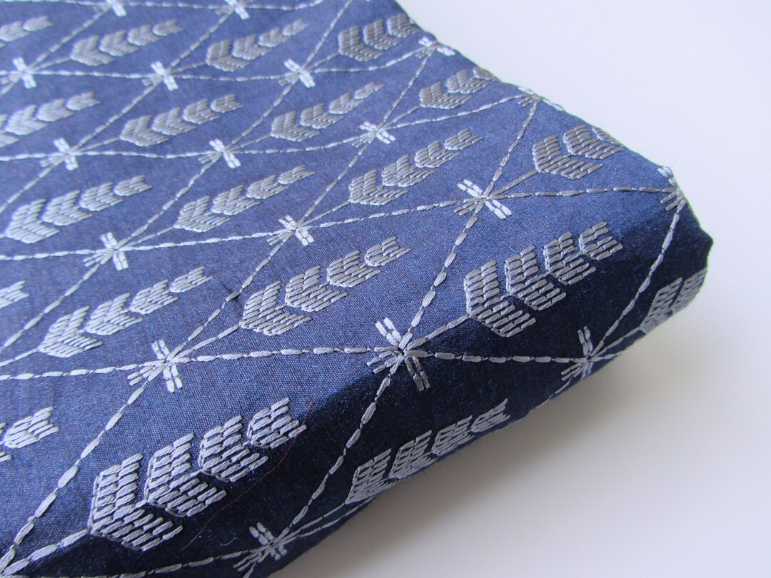 Cyber Week Embroidered Tussar Silk Fabric: Grey Trees on Dark Blue, Nr ...