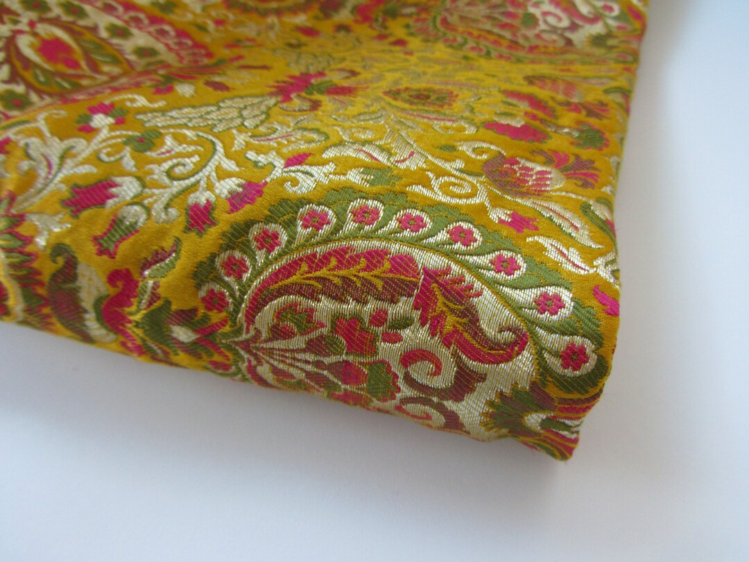 Yellow Ochre Pink Green Bouquets Heavy Indian Silk Brocade Fabric Nr 1-142 - Etsy