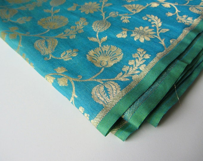 Light Blue Golden Flowers Indian Silk Brocade Fabric Nr 1-020 - REMNANT ...