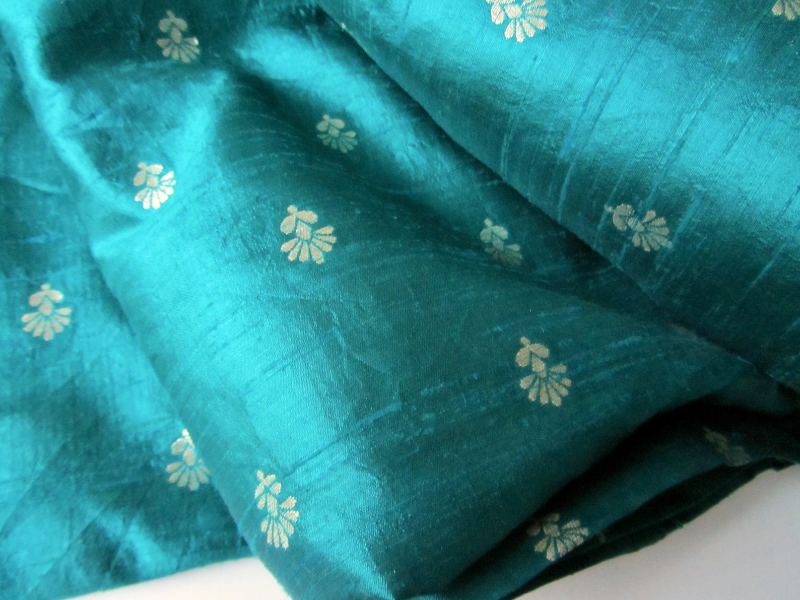 Green Sea Blue Gold Flower Raw Silk Brocade Indian Fabric Nr 1-112- 1/4 ...