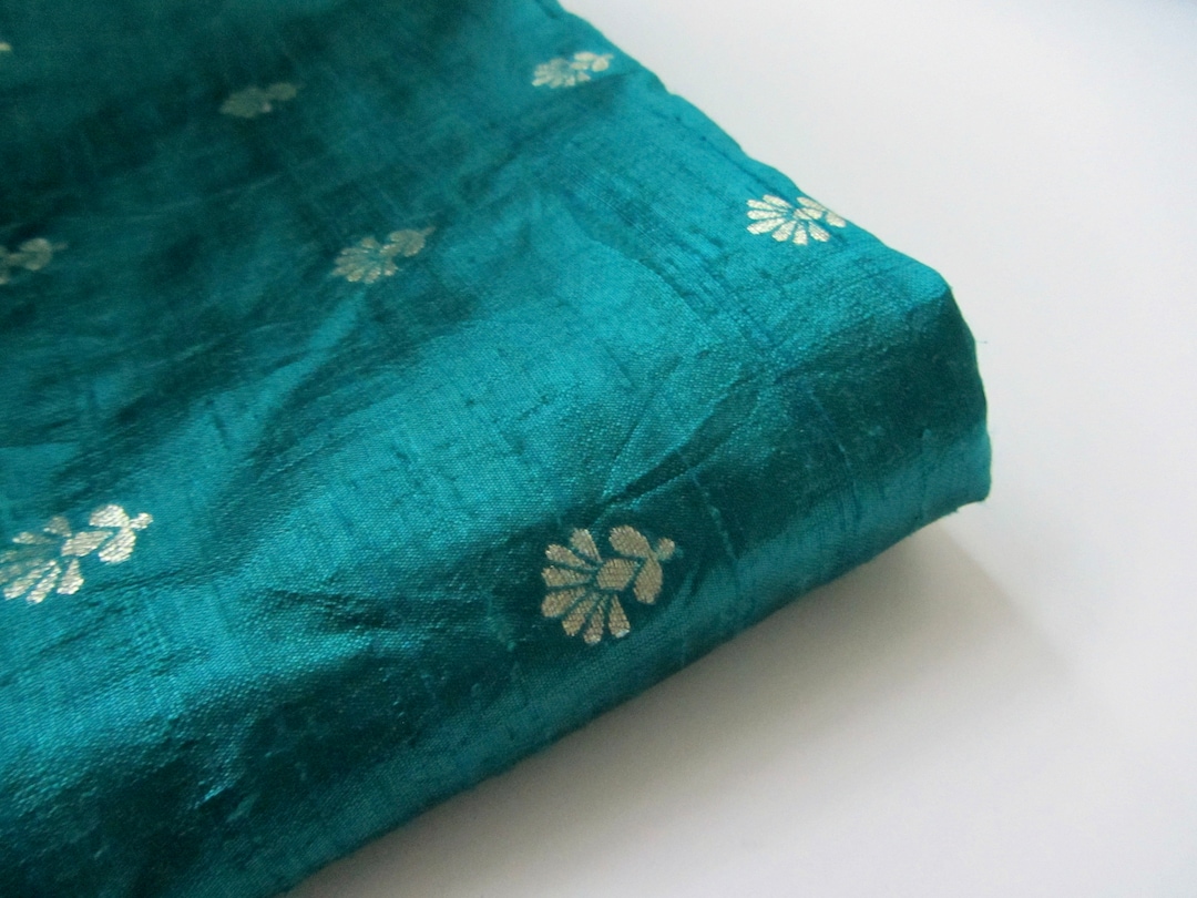 Green Sea Blue Gold Flower Raw Silk Brocade Indian Fabric Nr 1-112- 1/4 ...