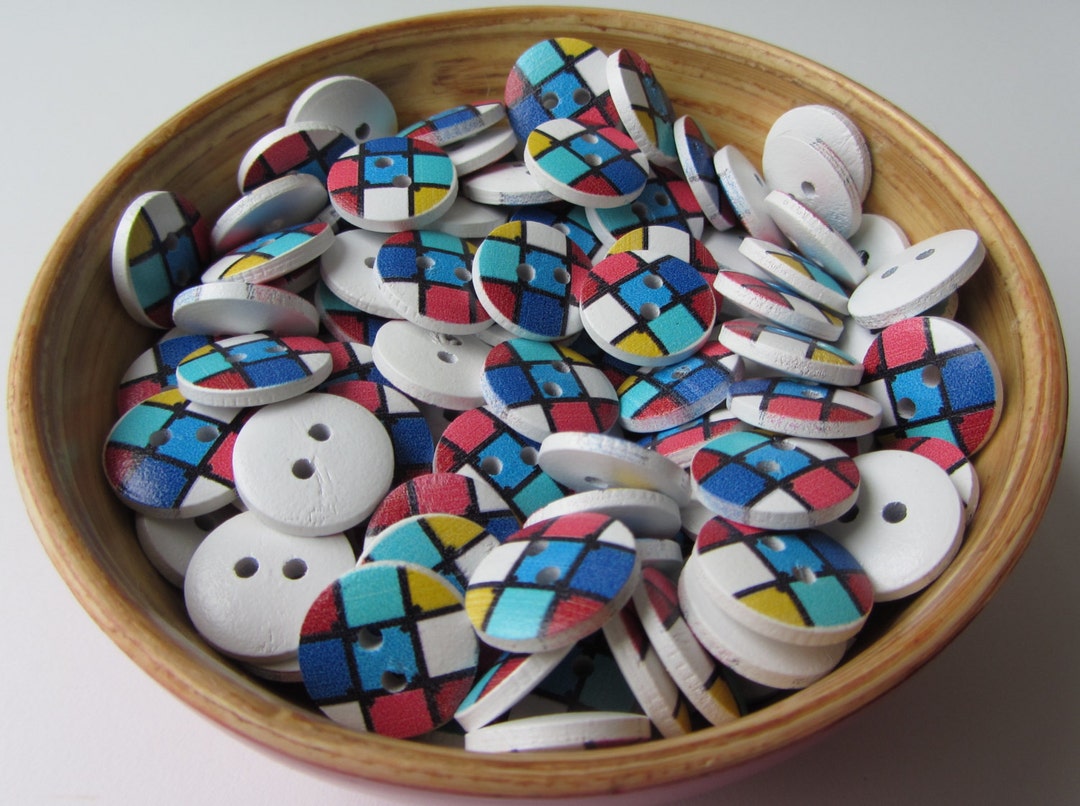 Mondriaan Geometrical Colorful 15 Mm Wooden Buttons Set of Ten Buttons ...