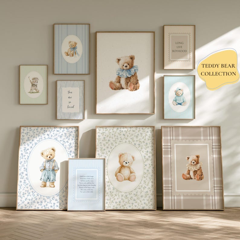Teddy Bear Nursery Print, Blue Plaid, Watercolor Bear Wall Art, Boy ...