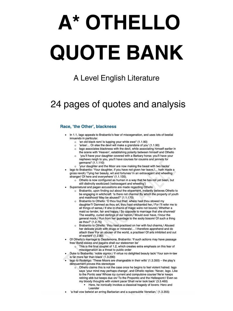 A* Othello Quote Bank - A Level English Literature - Etsy UK
