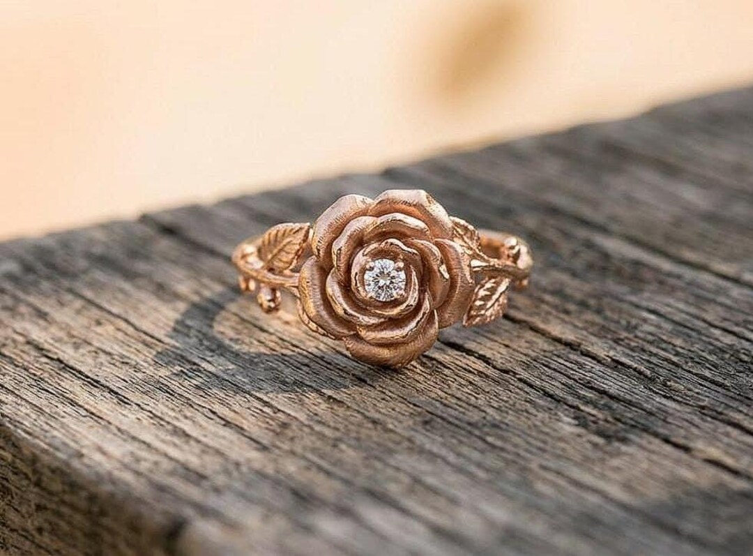 14K Rose Gold Rose Flower Engagement Ring, Nature Inspired Botanical ...