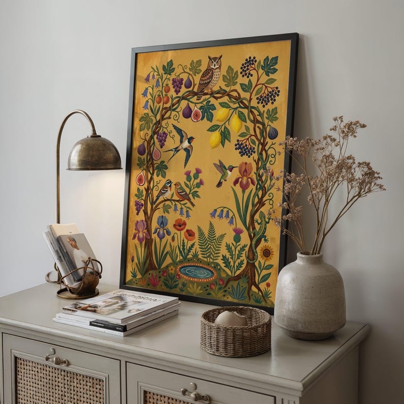 Garden Birds Folk Poster: Whimsical Vine Botanical, Golden Cottage Wall ...