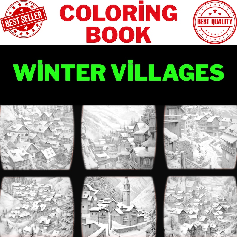 Detailed Winter Village Coloring Book, Cozy Snowy Town Printable PDF ...