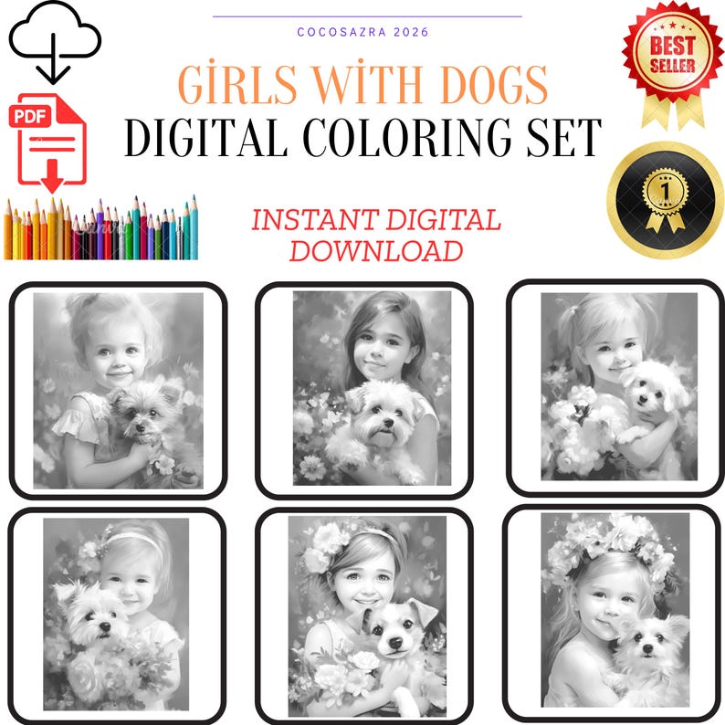Girls With Dogs Coloring Book, Whimsical Portraits, Black Backgrounds ...
