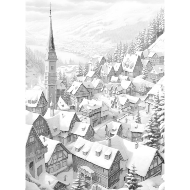 Detailed Winter Village Coloring Book, Cozy Snowy Town Printable PDF ...