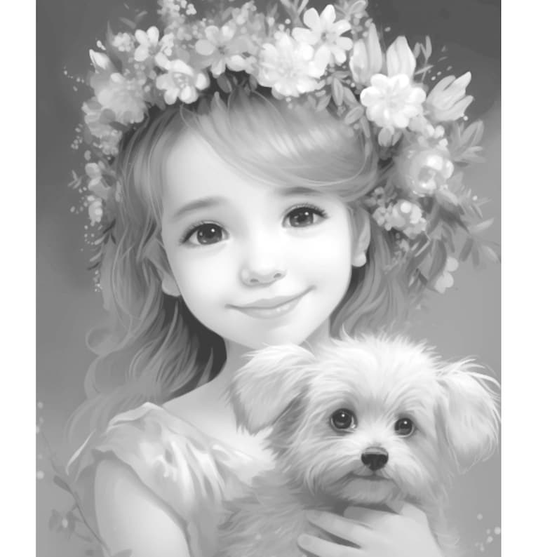 Girls With Dogs Coloring Book, Whimsical Portraits, Black Backgrounds ...