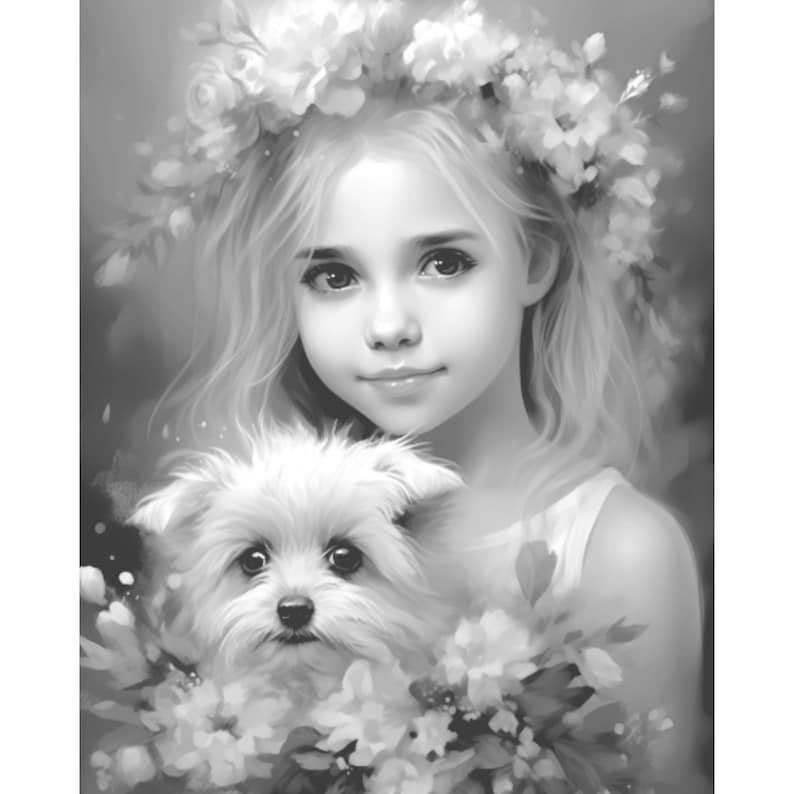 Girls With Dogs Coloring Book, Whimsical Portraits, Black Backgrounds ...