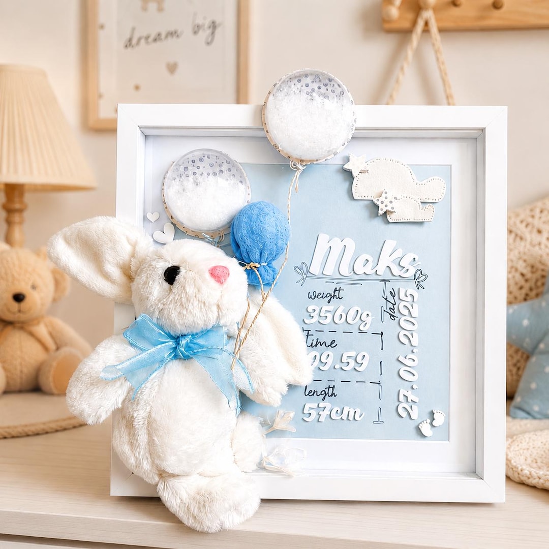 Baby Boy Nursery Frame, Personalised Bunny Shadow Box, Baby Birth ...
