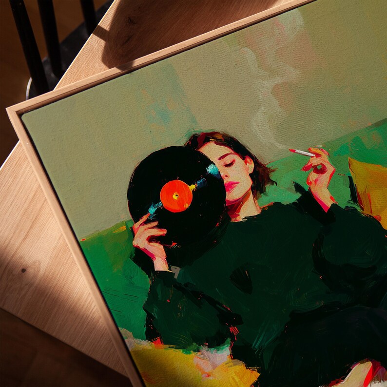 Vinyl Woman Print, Guitar Retro Moody Music Wall Art, Cool Girl ...