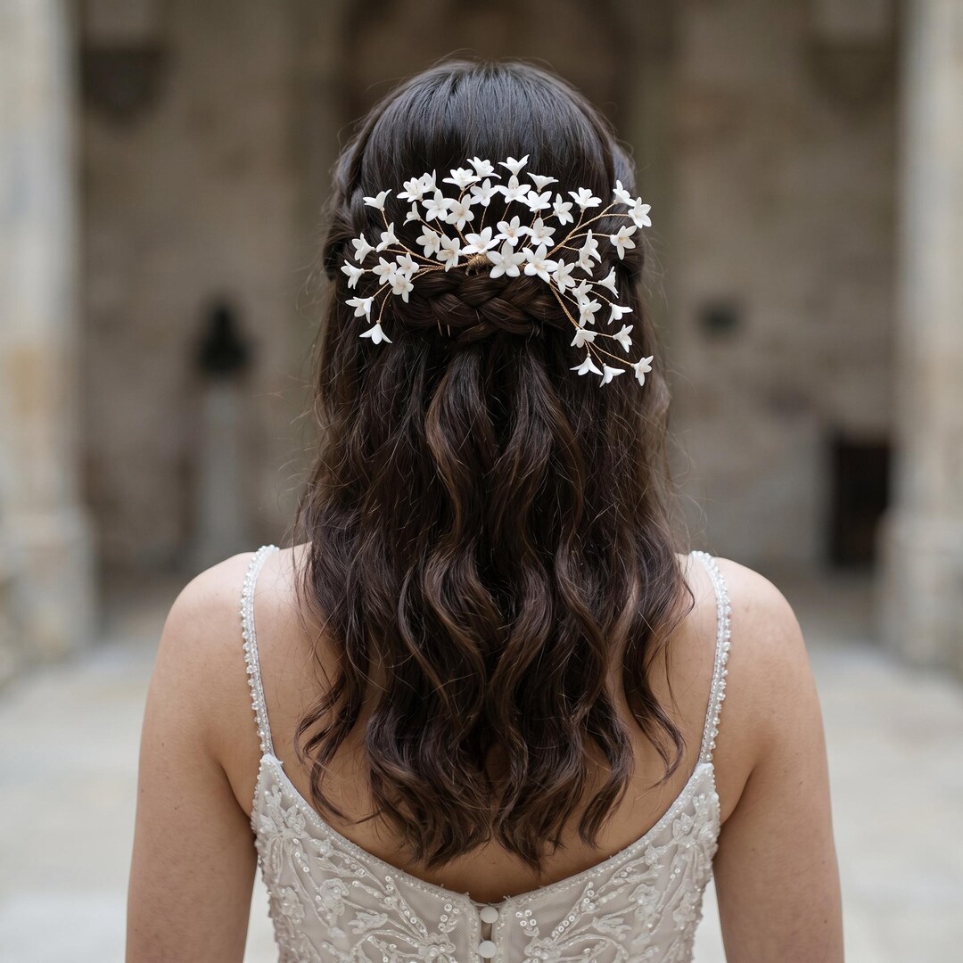 Handmade Porcelain Flower Bridal Hair Comb, Gold Wire Wedding Headpiece ...