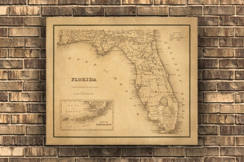 Old Map of Florida, Large Map Paper or Canvas, Ready to Hang Canvas ...
