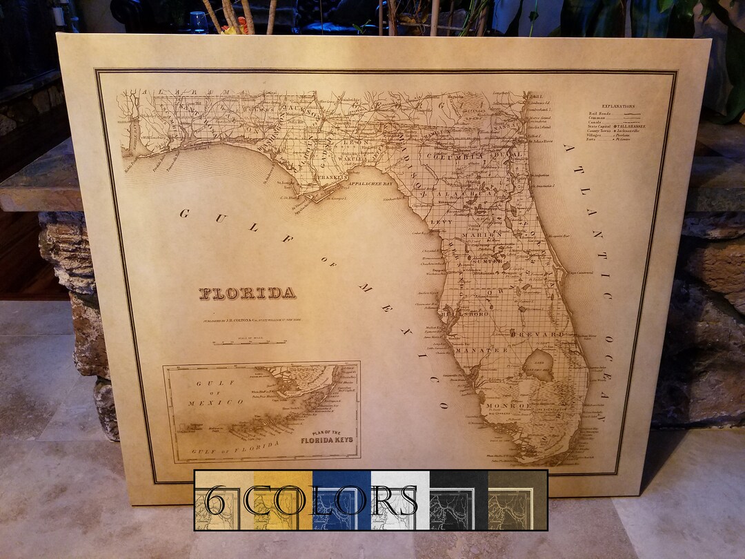 Old Map of Florida, Large Map Paper or Canvas, Ready to Hang Canvas ...