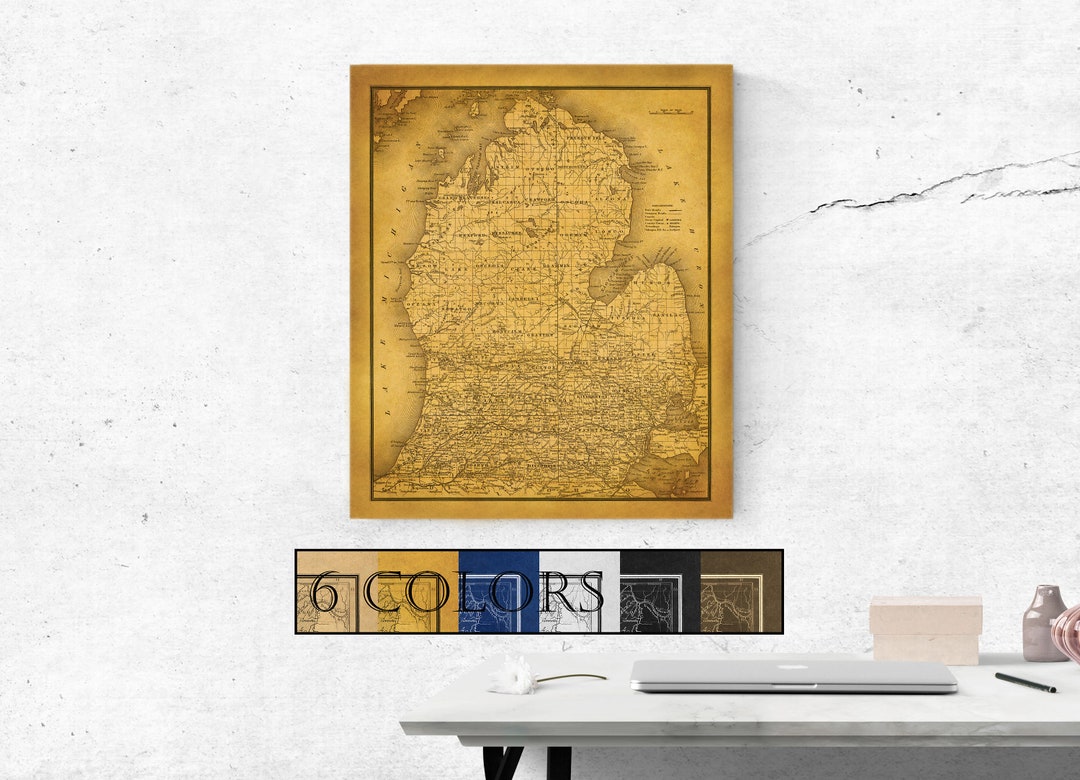 Large Vintage Map of Michigan, Ready to Hang Canvas Gallery Wrap or ...