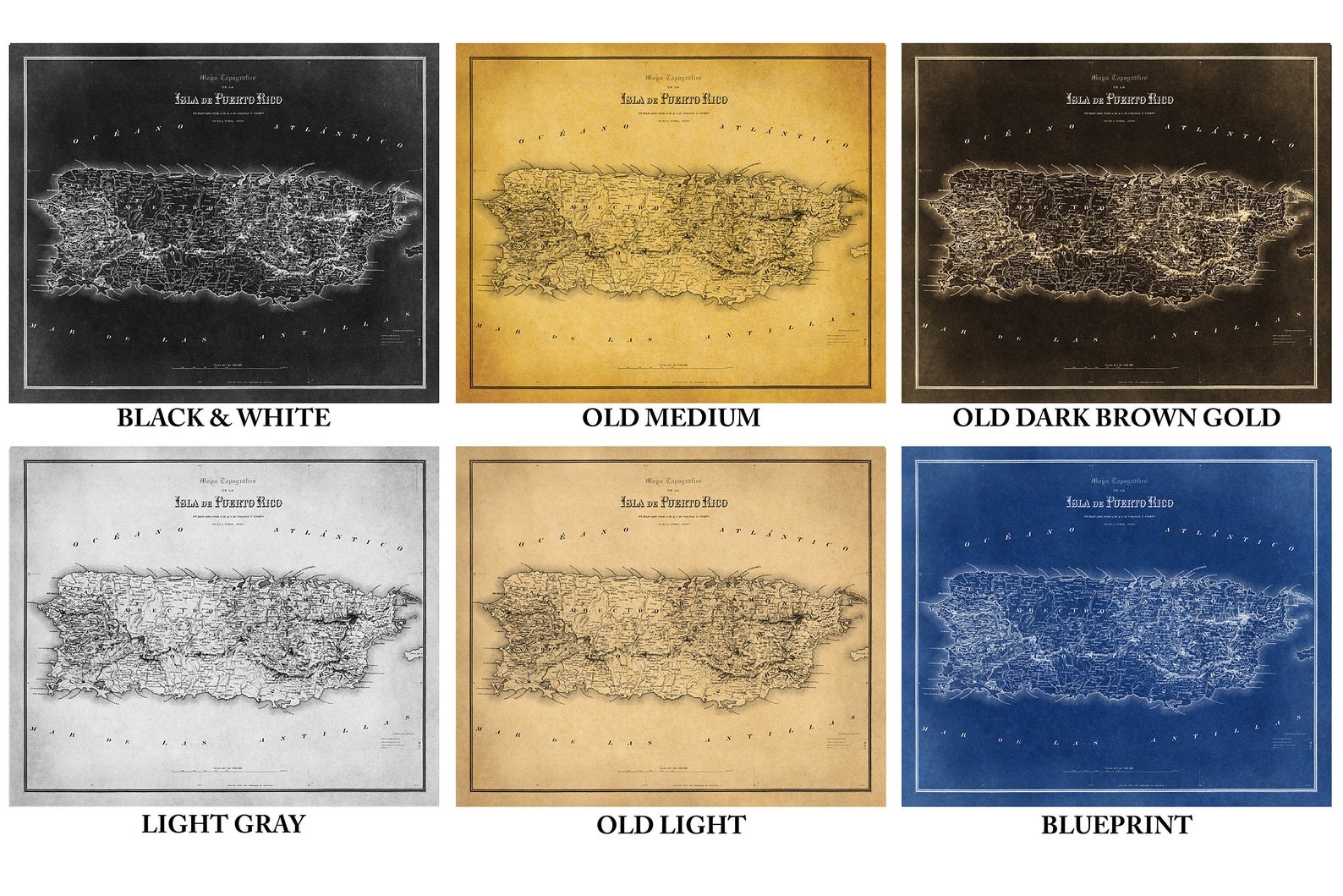 Old Map of Puerto Rico, Paper or Canvas, Ready to Hang Canvas Gallery ...