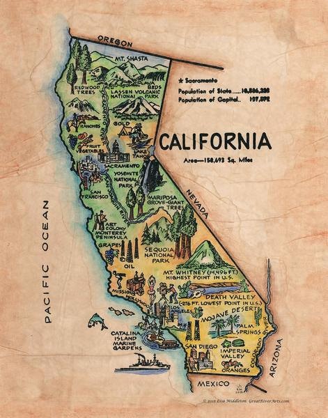 California, Old California Map, Kid's Retro Map, California Decor ...