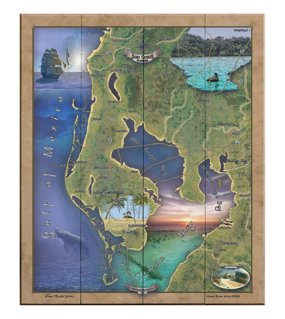 Sun Coast Florida Florida Map Map Art on Wood or Metal for Lake House ...