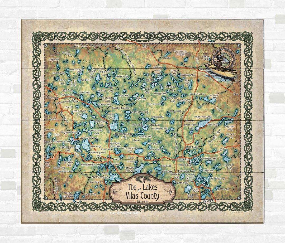 Lakes of Vilas County Wisconsin Lake Map Art Map Art on Wood or Metal ...