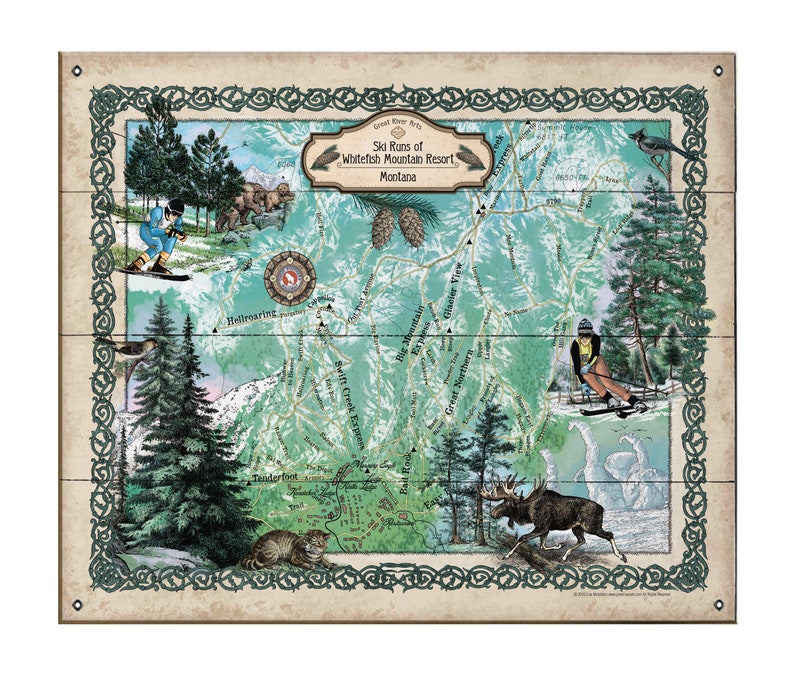 Whitefish Resort Ski Runs Montana Montana Ski Map Map Art on Wood or ...