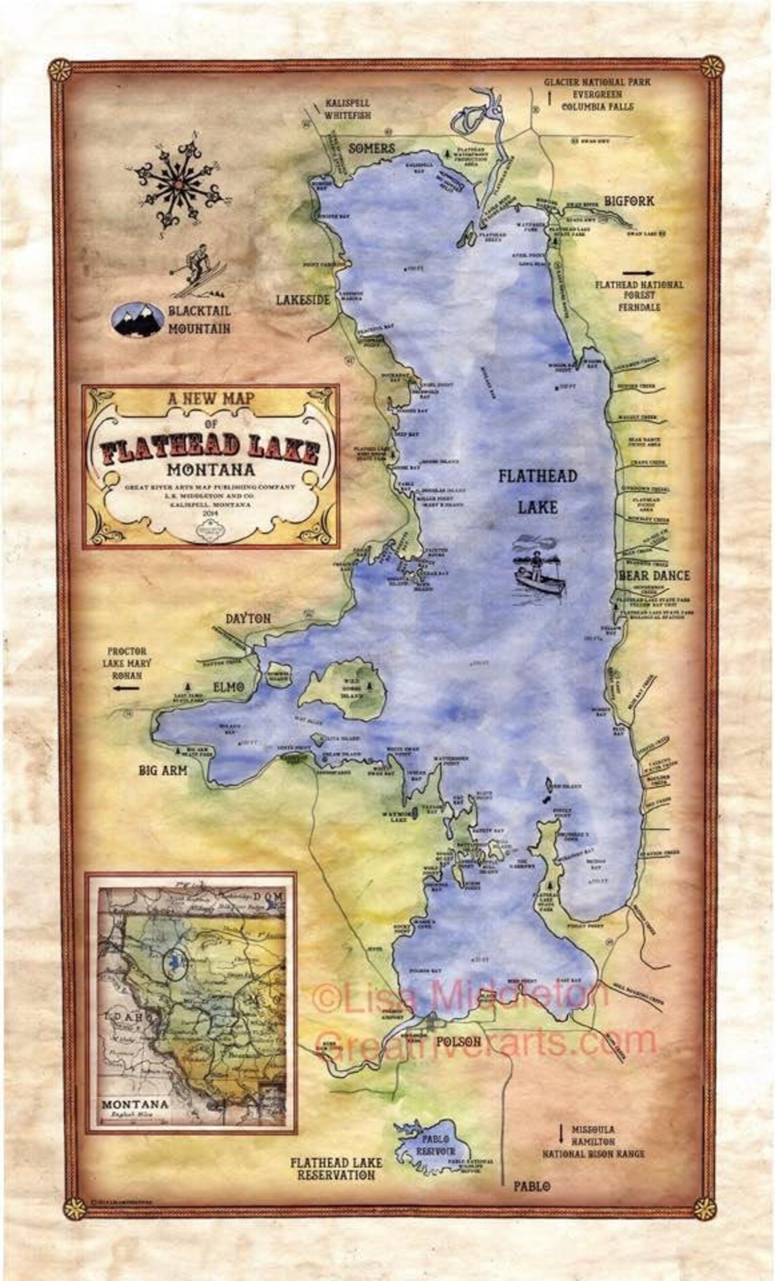 Flathead Lake,montana Vintage Map,vintage Map Art,montana Vintage Map ...