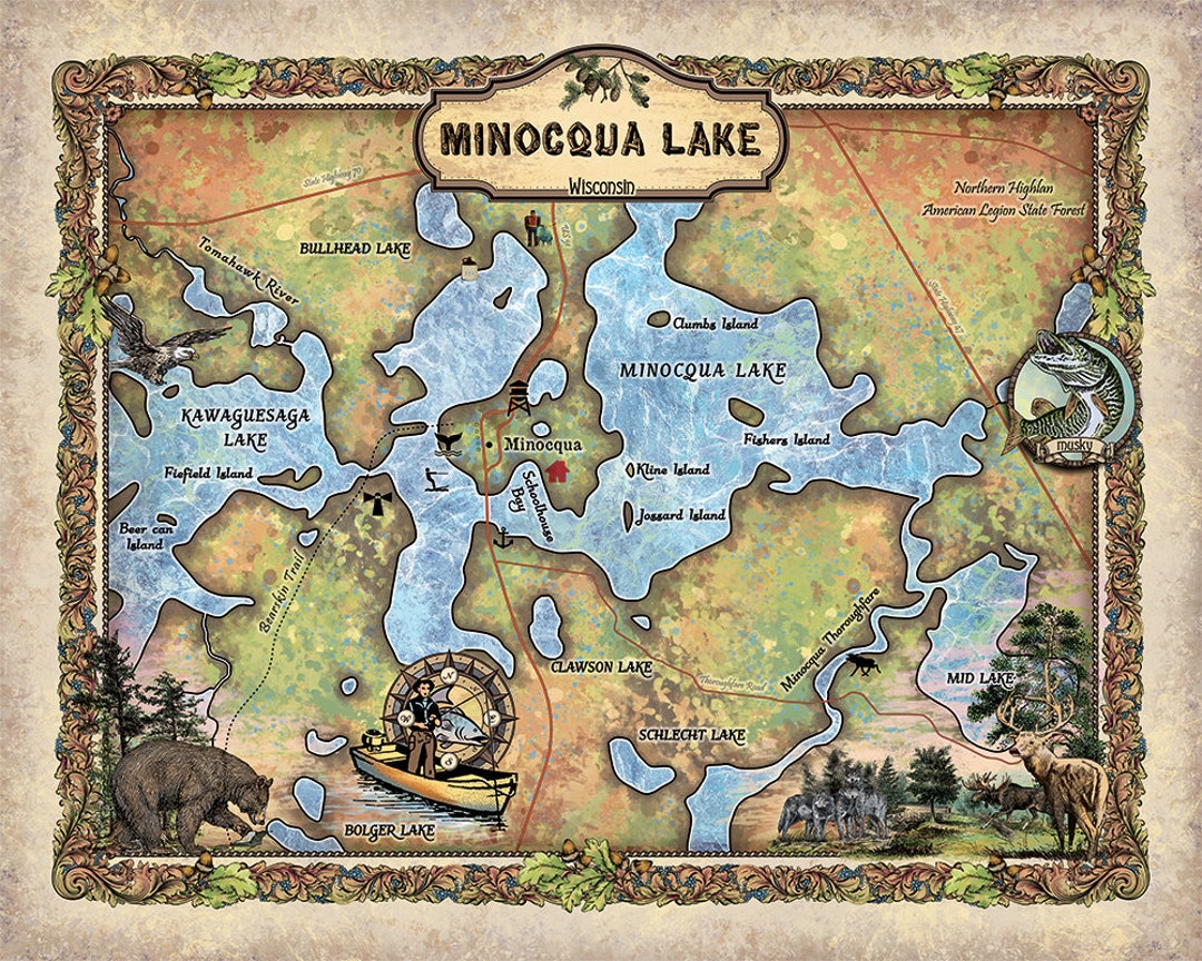 Minocqua Chain of Lakes Map Art - Vintage Wisconsin Lakes House Decor ...