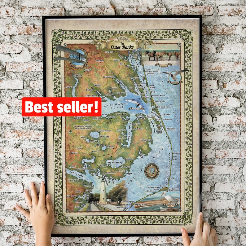 Outer banks map outer banks North Carolina art outer banks | Etsy
