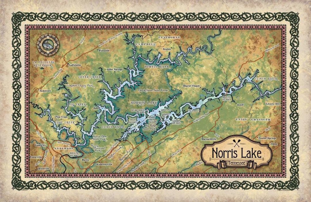 Norris Lake Map, Tennessee Map, Norris Lake Gift, Tennessee, Lake ...