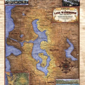 036 Custom Map of Lake Washington and Vicinity Vintage Historic Antique ...