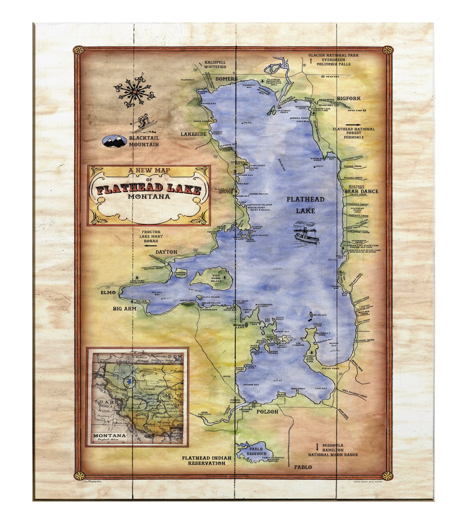 Flathead Lake Montana Lake Map Art Map Art on Wood or Metal for Lake ...