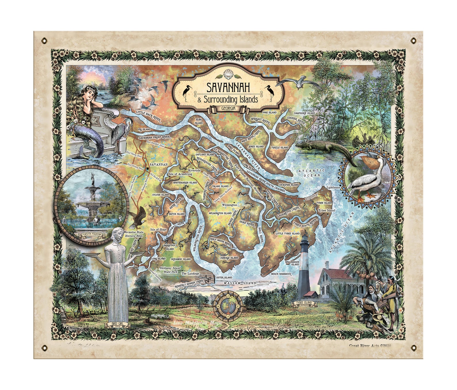 Savannah and Tybee Georgia Vintage Stye Map Art on Wood or - Etsy