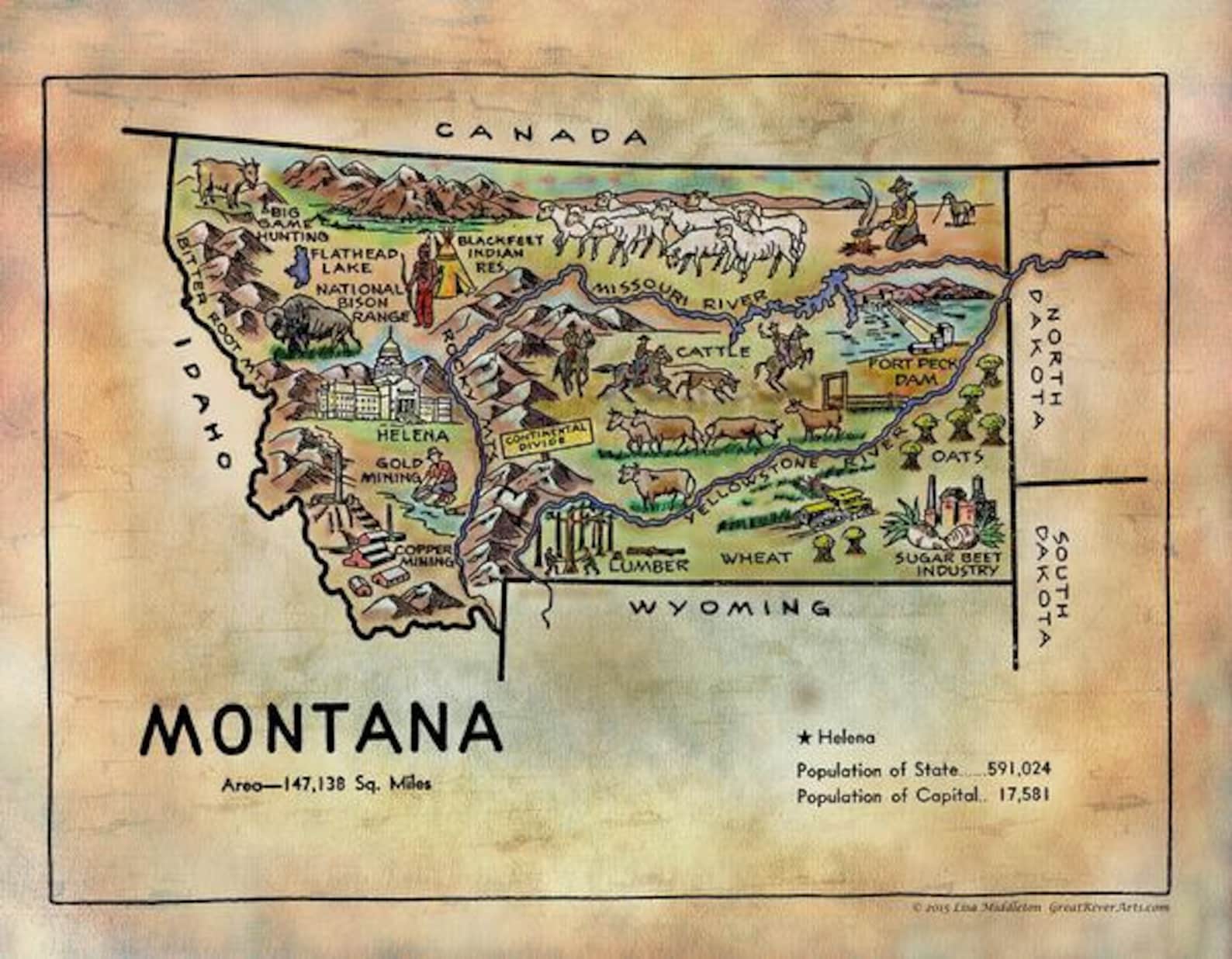 197 Kid's Map of Montana 1950s 11x14 Vintage Historic Antique Map ...