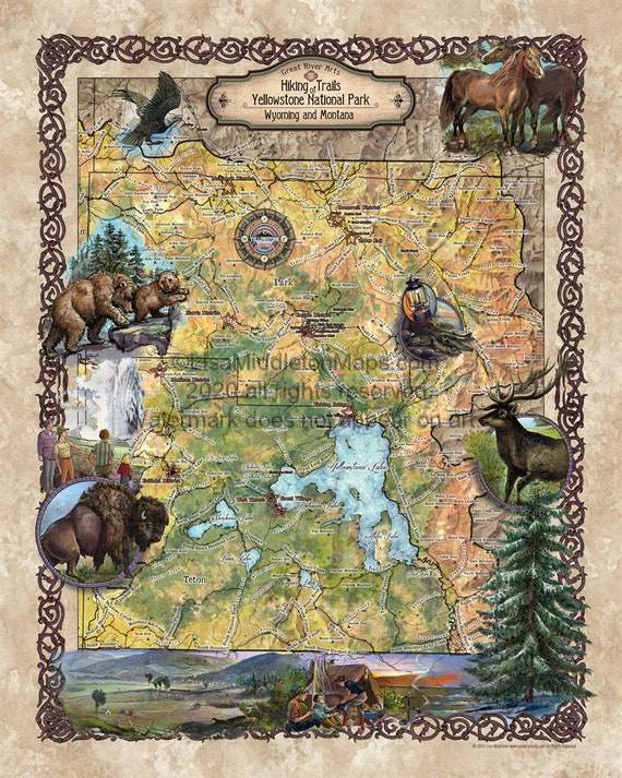 Yellowstone yellowstone map yellowstone art national park | Etsy
