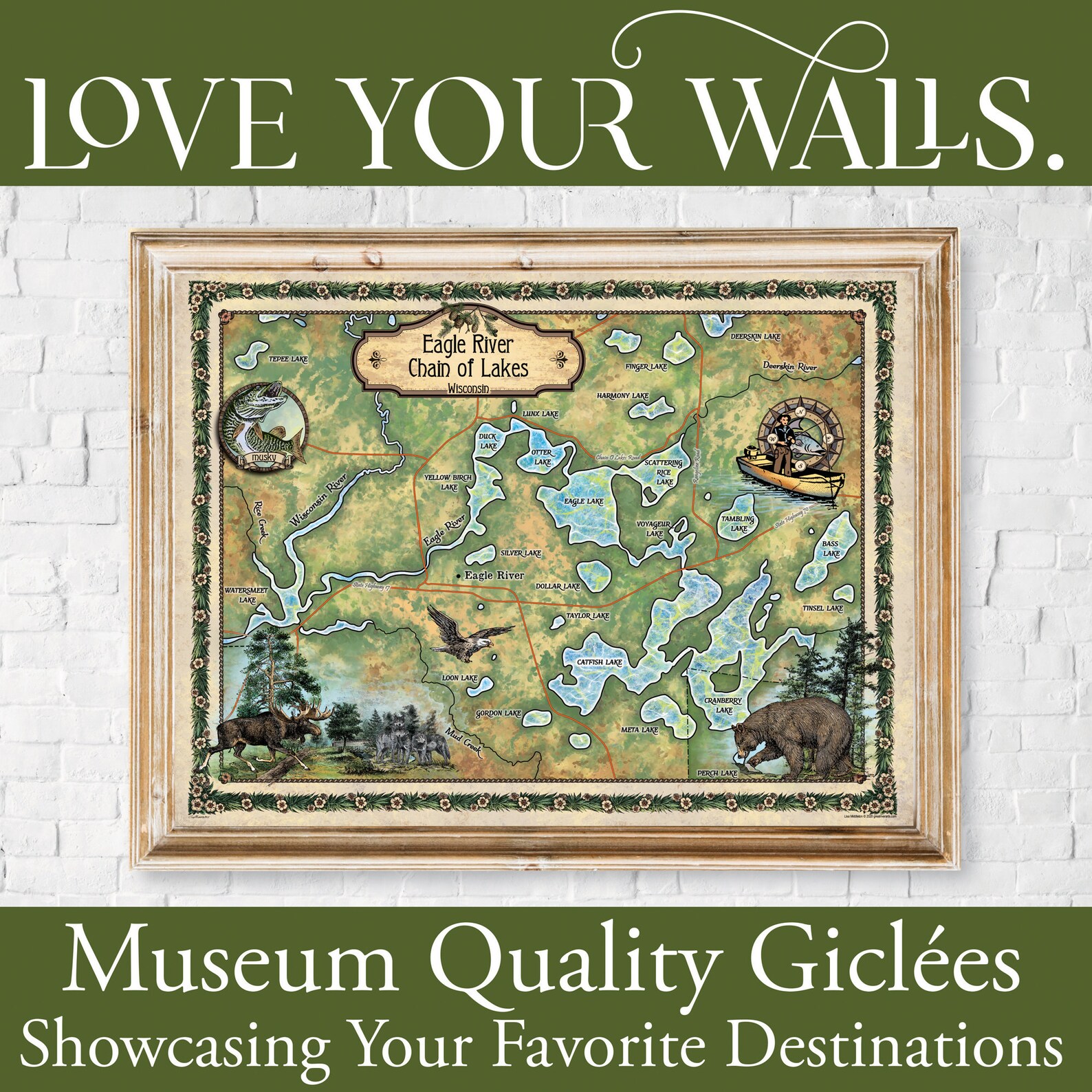 Eagle River Chain of Lake Wisconsin Historic Map Art Print Poster ...