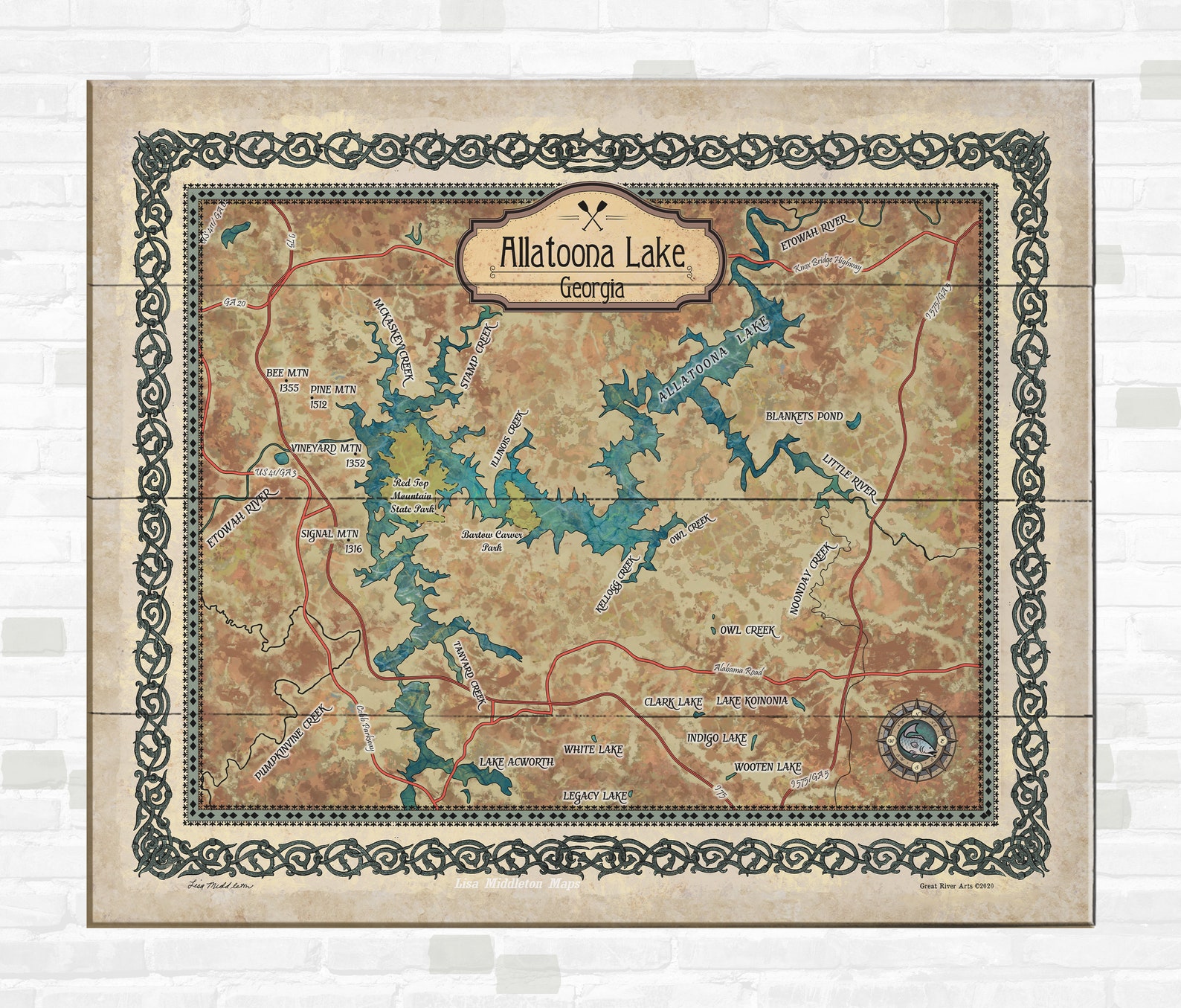 Lake Allatoona Georgia Lake Map Art Map Art on Wood or Metal for Lake ...