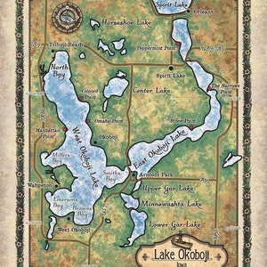 Iowa Lake Okoboji Map, Lake Art, Custom Lake Map, Iowa Gift, Lake House ...