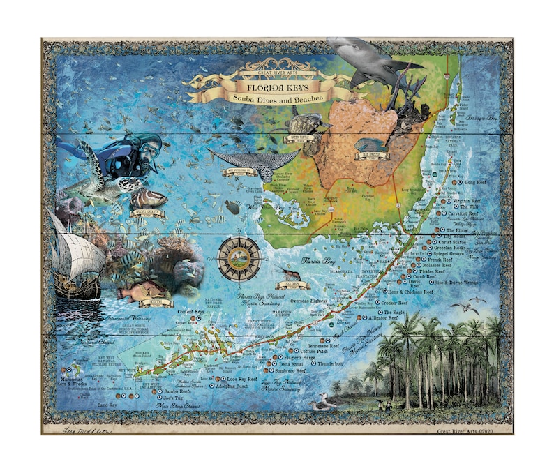 Scuba Dive and Snorkel Florida Keys Florida Keys Map Map Art - Etsy