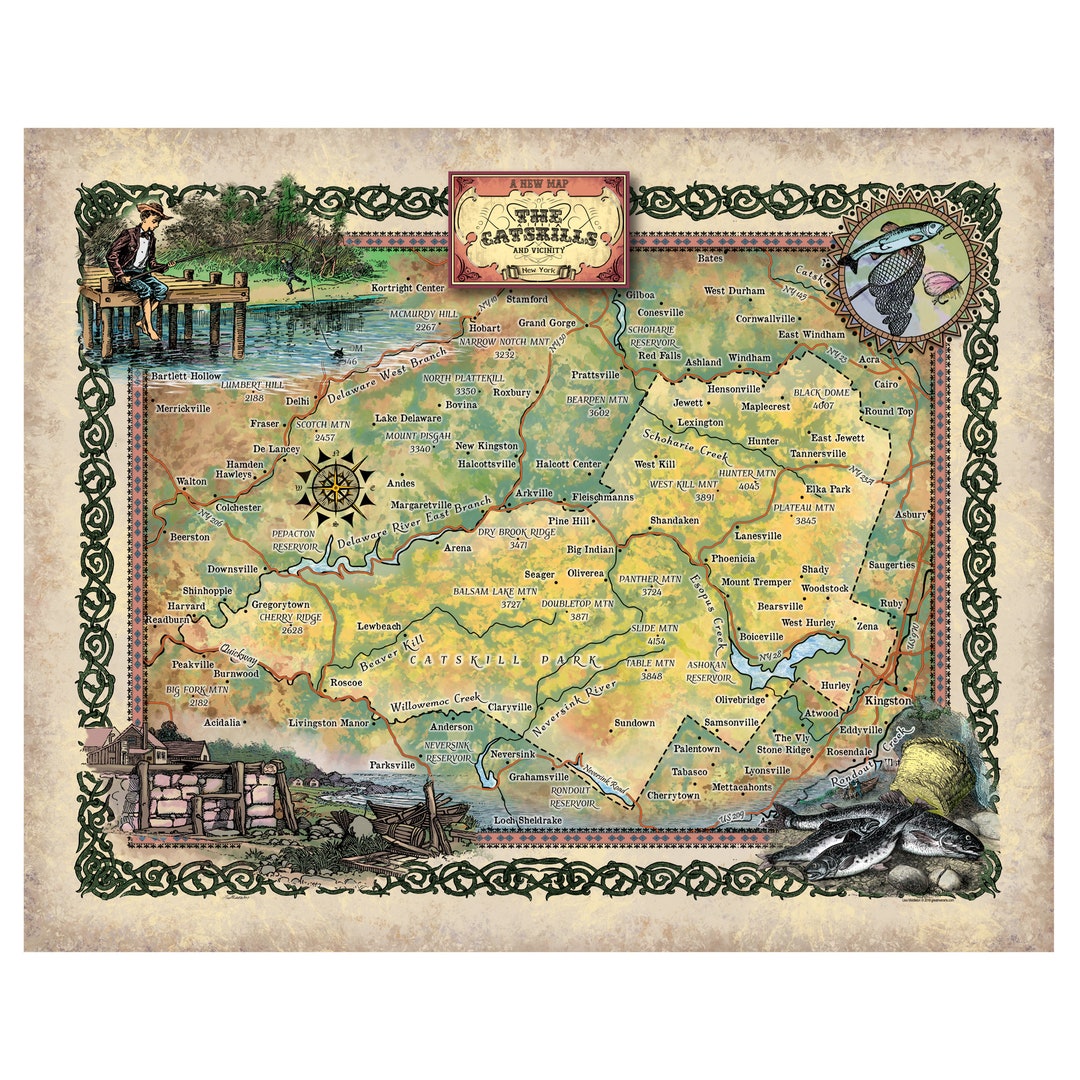 Great River Arts Catskill Mountains Historic Map Reproduction Artwork ...