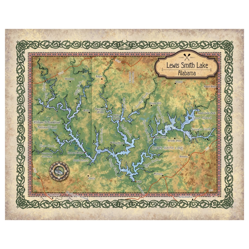 Lewis Smith Lake Alabama Map Art Print Poster Vintage Style Wall Decor ...