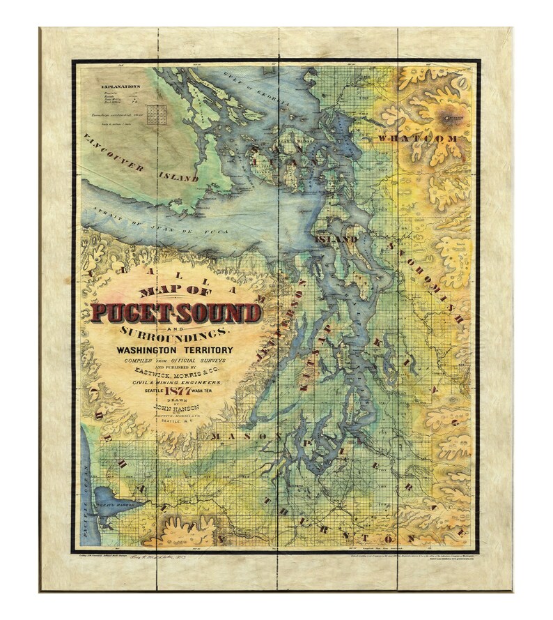Puget Sound Washington Vintage Stye Map Art on Wood or Metal | Etsy