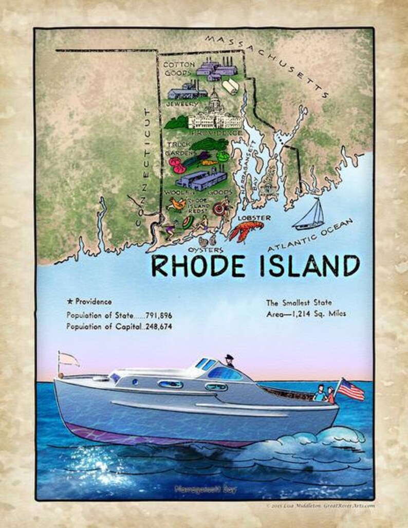235 Illustrated Map of Rhode Island C. 1950's Vintage - Etsy