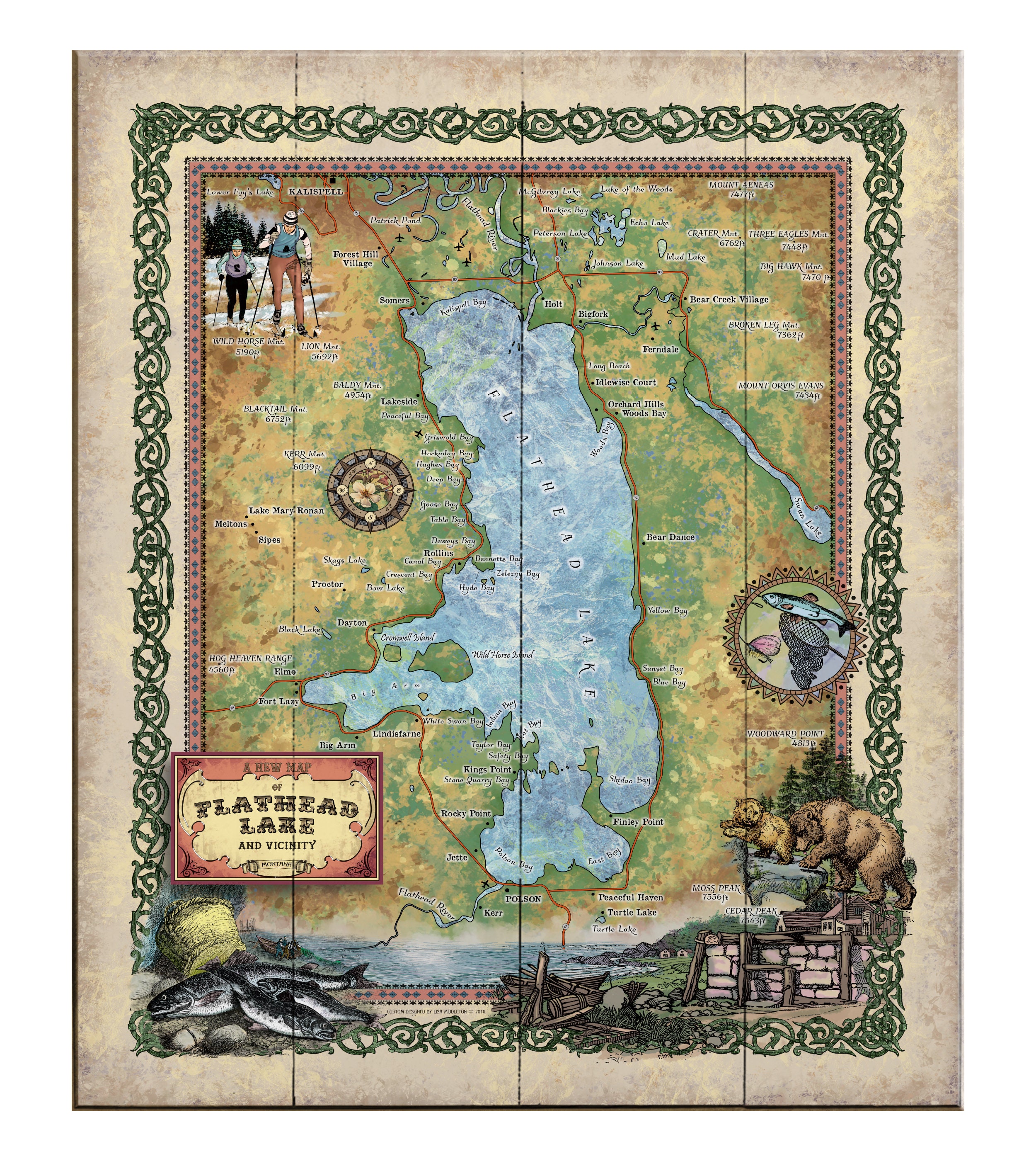 Flathead Lake Ornate Kalispell Big Fork Vintage Stye Map Art on Wood or ...