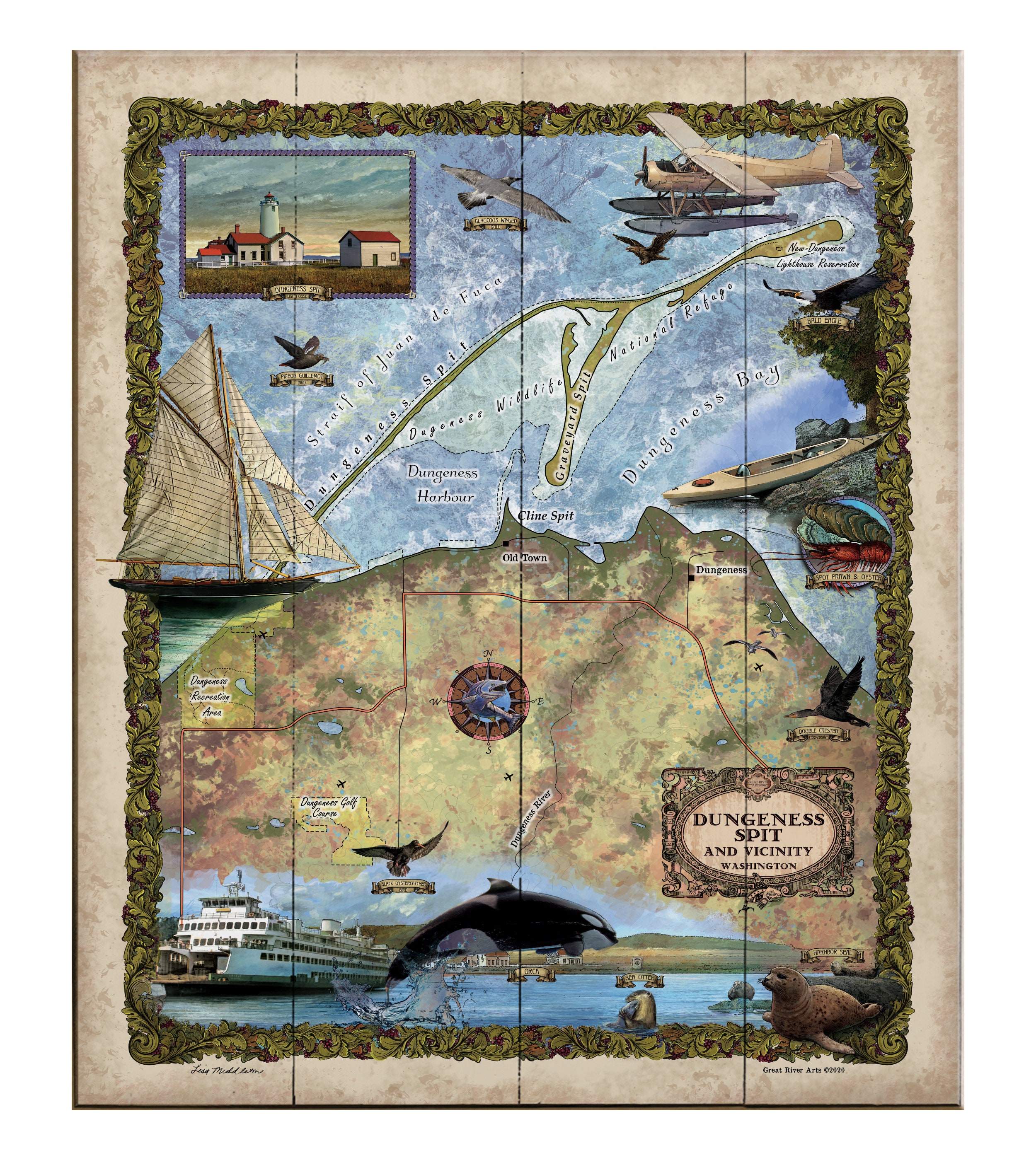 Washington Sequim Dungeness Spit Olympia Vintage Style Map Art on Wood ...