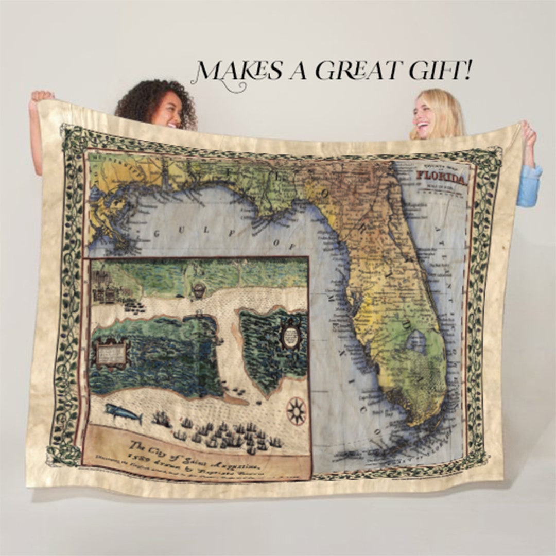St. Augustine Boazio Florida Map Blanket Double Stitched Edges Cozy ...