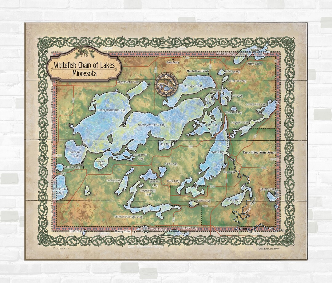 Minnesota Whitefish Chain of Lakes Lake Map Art Map Art on Wood or ...