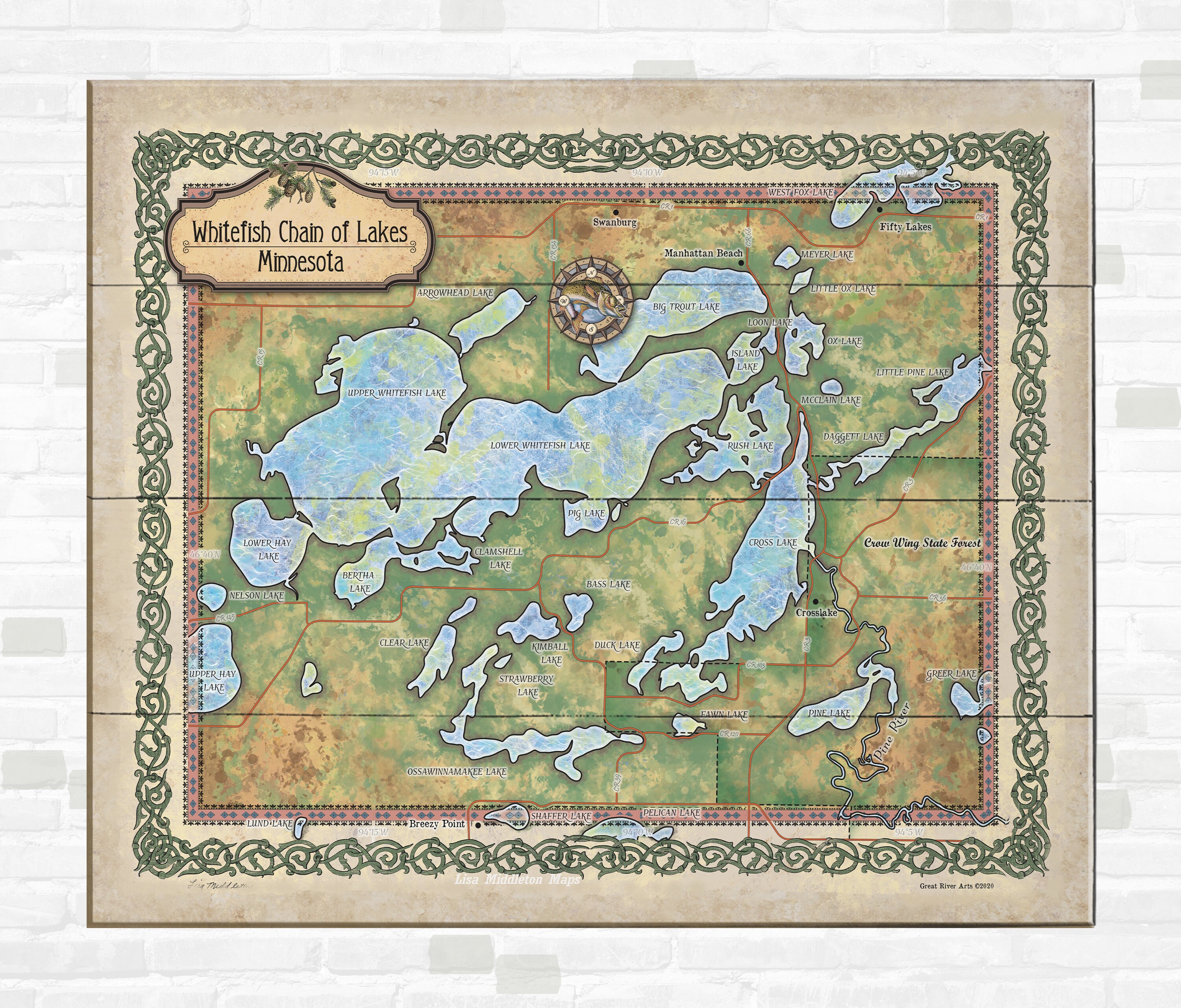 Minnesota Whitefish Chain of Lakes Lake Map Art Map Art on Wood or ...