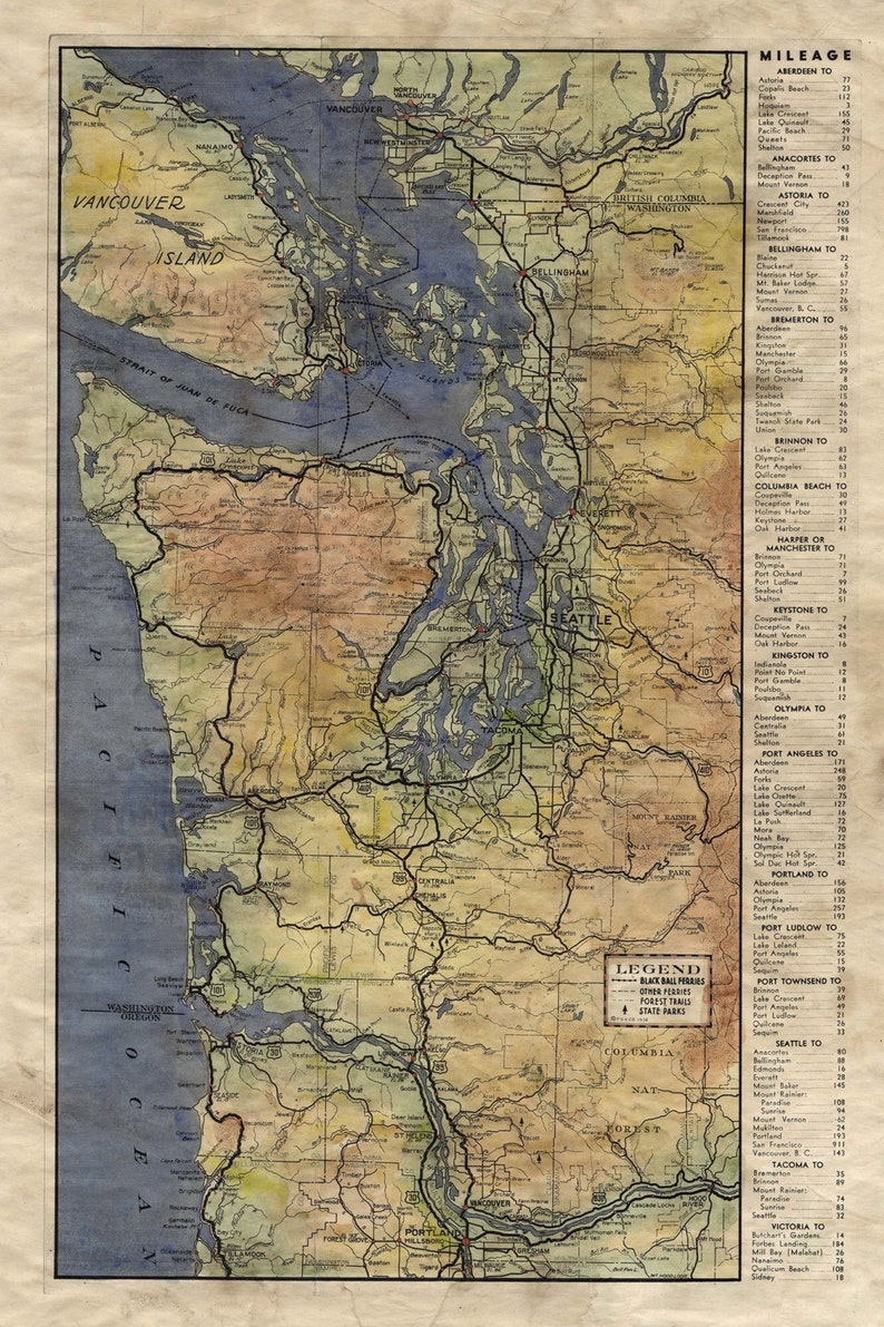 Puget Sound, Puget Sound Map, Puget Sound Map Art, Antique WA Map ...